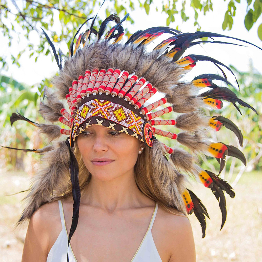 Cocar Indígena Adulto Laranja e Vermelho