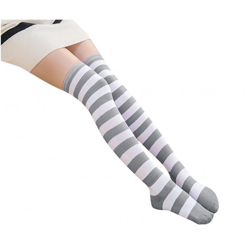 Meia Calça Listrada Cinza e Branco Adulto